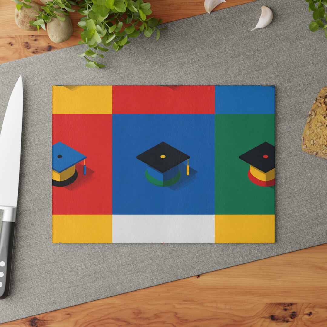 Geometric Cap Grid Glass Cutting Board | Colorful Isometric Grad Caps ...
