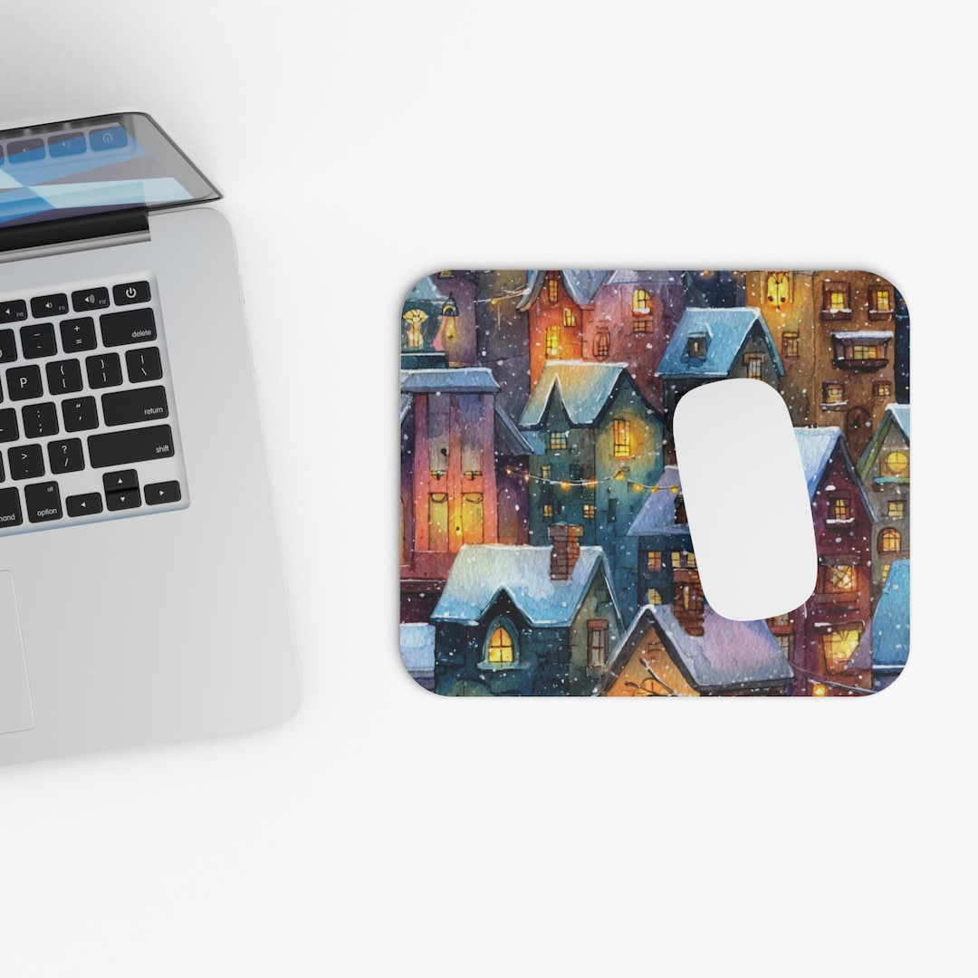 Snowy Cozy Village Mouse Pad | Winter Cottage Scene, Snowfall, Office ...