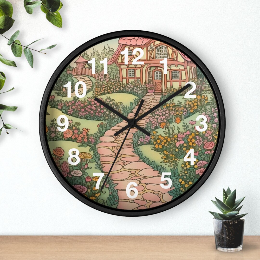 Cottage Garden Dreams Wall Clock | Floral House Illustration, Kitchen ...