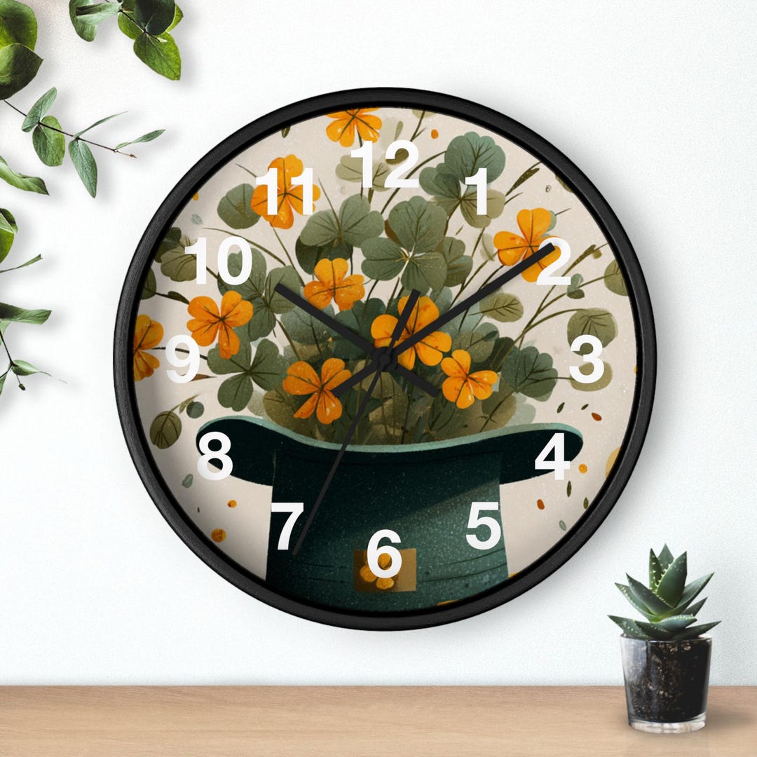 Clover Top Hat Wall Clock | Floral Home Decor, Botanical Clock, Living ...