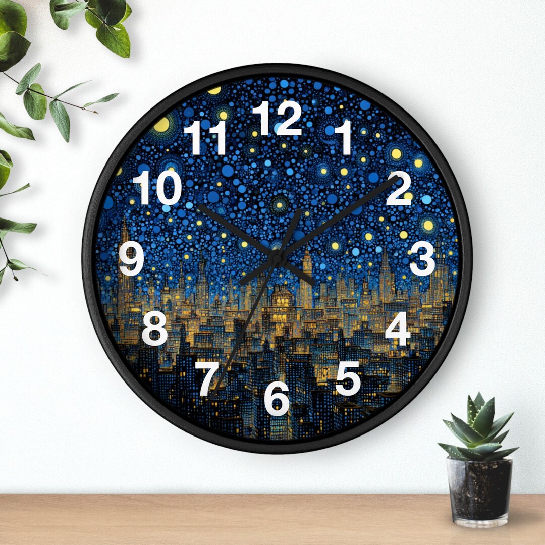 Moonlit Dot Ritual Wall Clock | Night Sky, Urban Skyline, Living Room ...