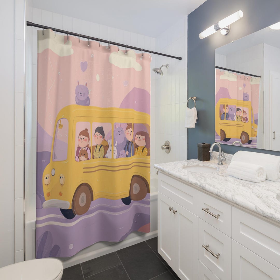 School Bus Parade Shower Curtain | Cartoon Characters, Pastel Pink ...