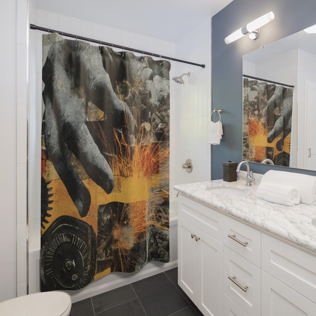 Tool Collage Energy Shower Curtain | Mechanical Gears, Welding Sparks ...