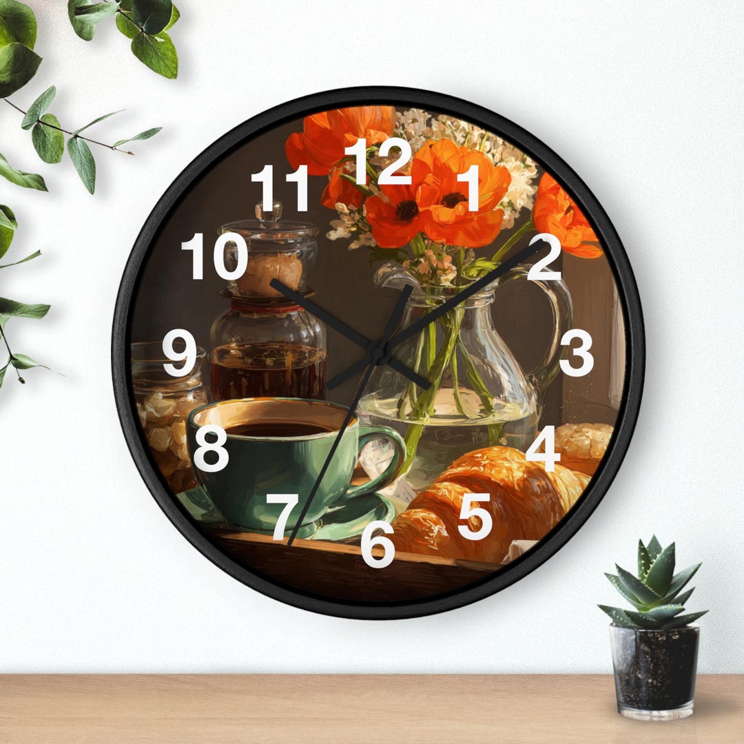 Breakfast Tray Morning Wall Clock | Coffee, Croissant, Poppies, Living ...