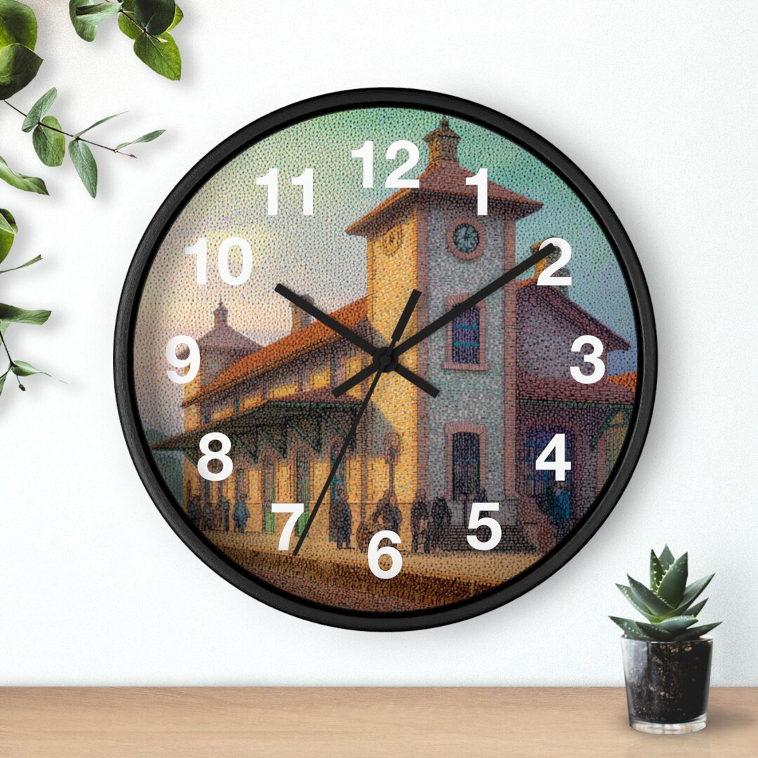 Vintage Train Station Illustration Wall Clock | Retro Railroad Scene ...