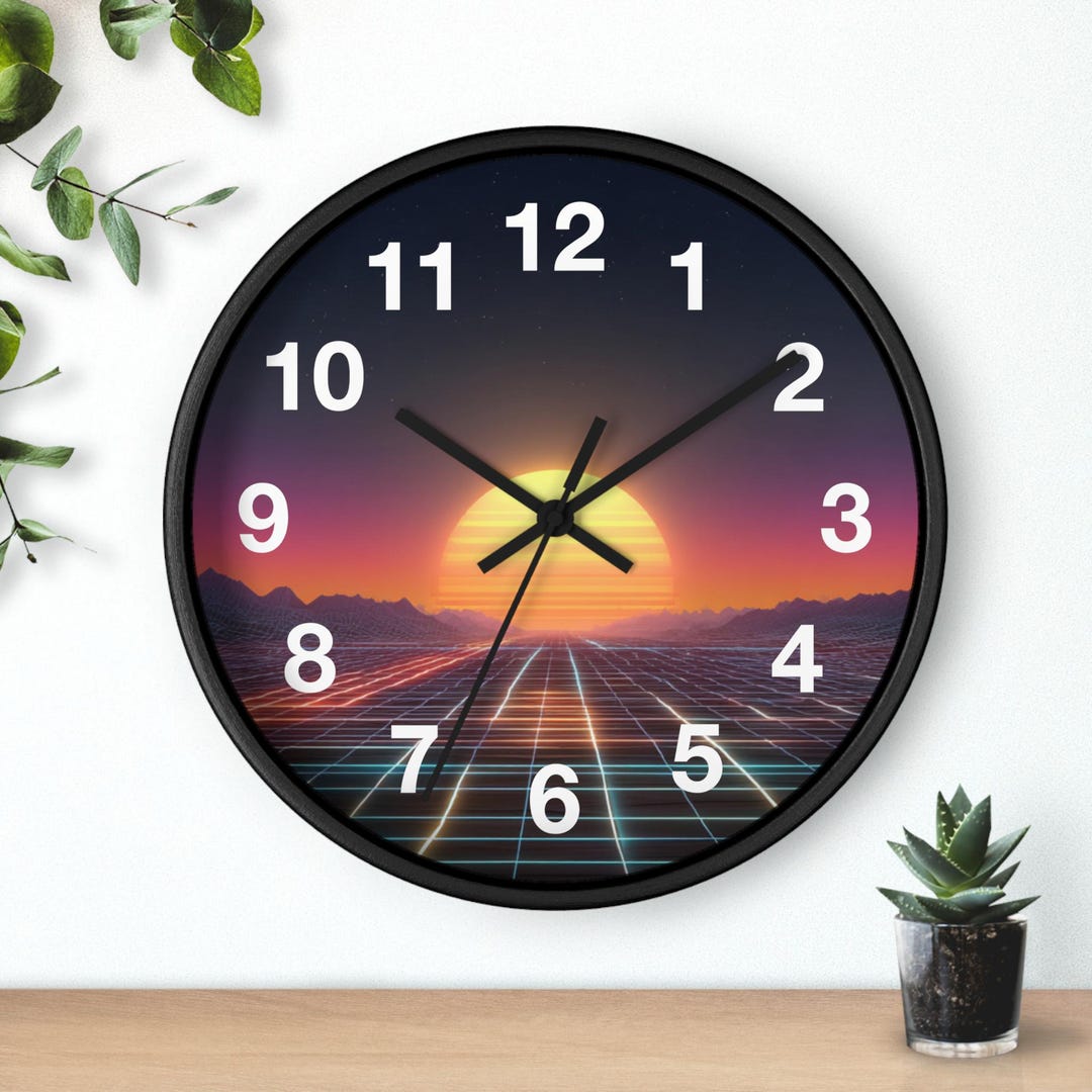 Synthwave Wireframe Plains Wall Clock | 80s Synthwave Grid Clock ...