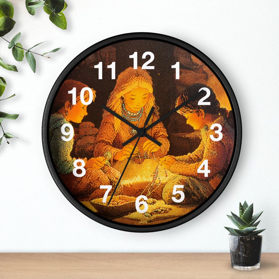 Firelight Beadwork Scene Wall Clock | Cozy Storytime Illustration ...