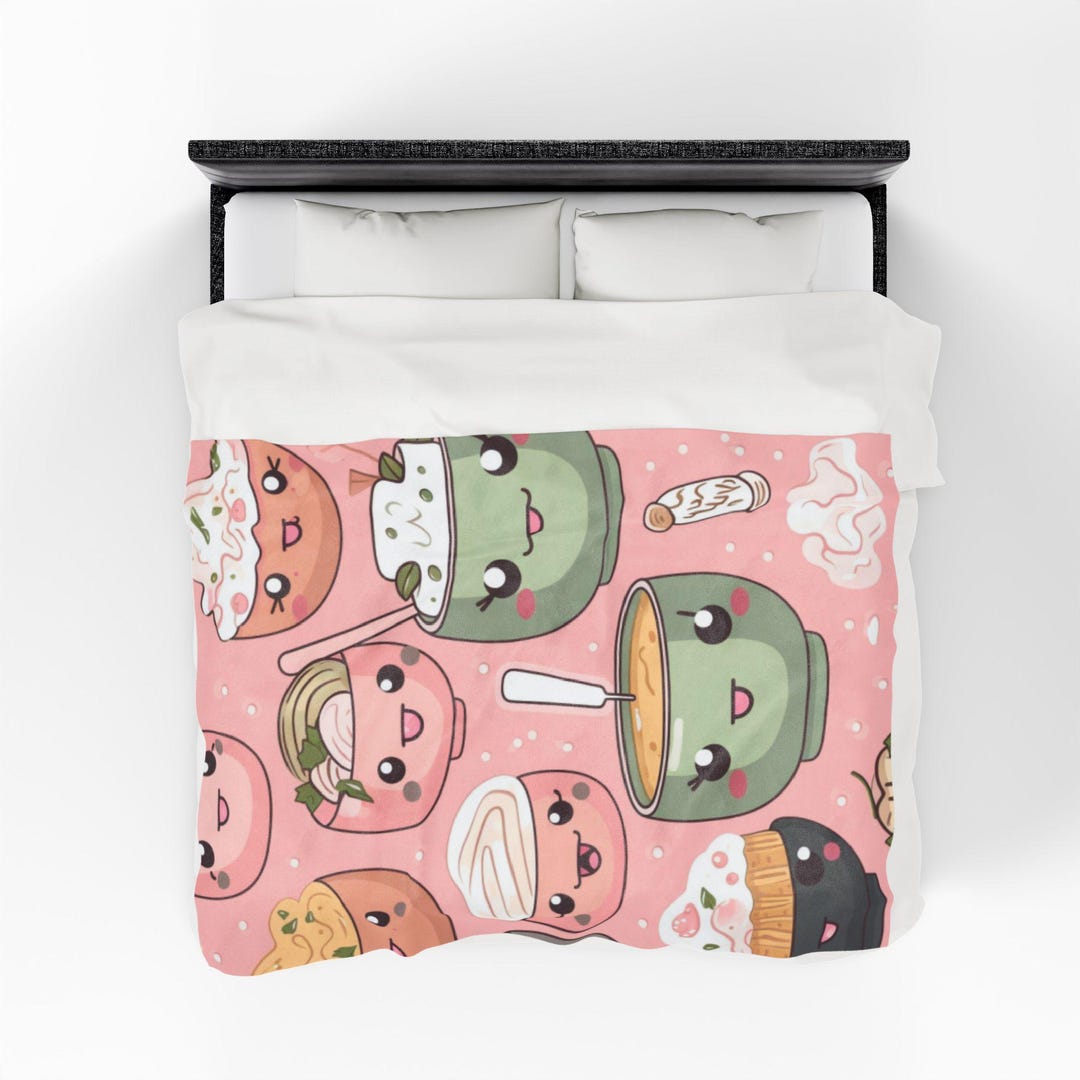 Chibi Food Friends Plush Blanket | Cute Food Faces, Pink Ramen Design ...