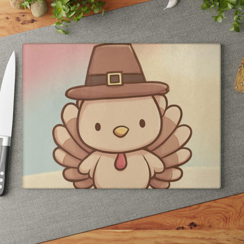Pilgrim Hat Turkey Glass Cutting Board | Thanksgiving Kitchen Decor ...