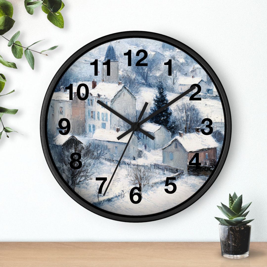 Snowy Village Calm Wall Clock | Winter Landscape Clock, Cottage Scene ...