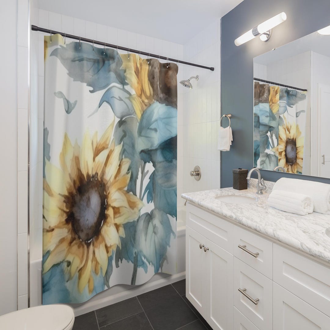 Sky and Sunflowers Shower Curtain | Blue Yellow Floral Bathroom Decor ...