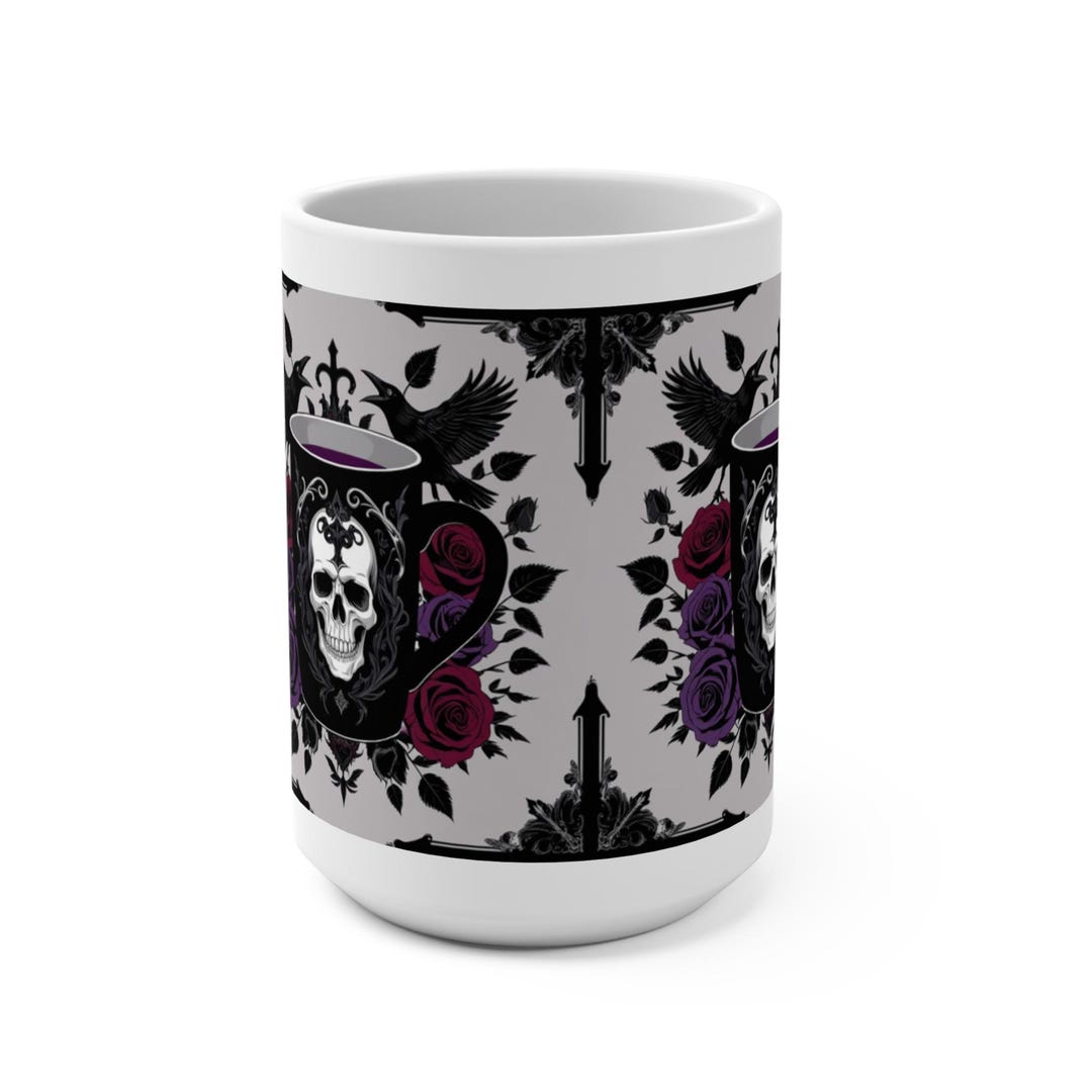 Skull Tea Cup Mug | Gothic Roses, Ravens, Dark Victorian 15oz,pagan ...