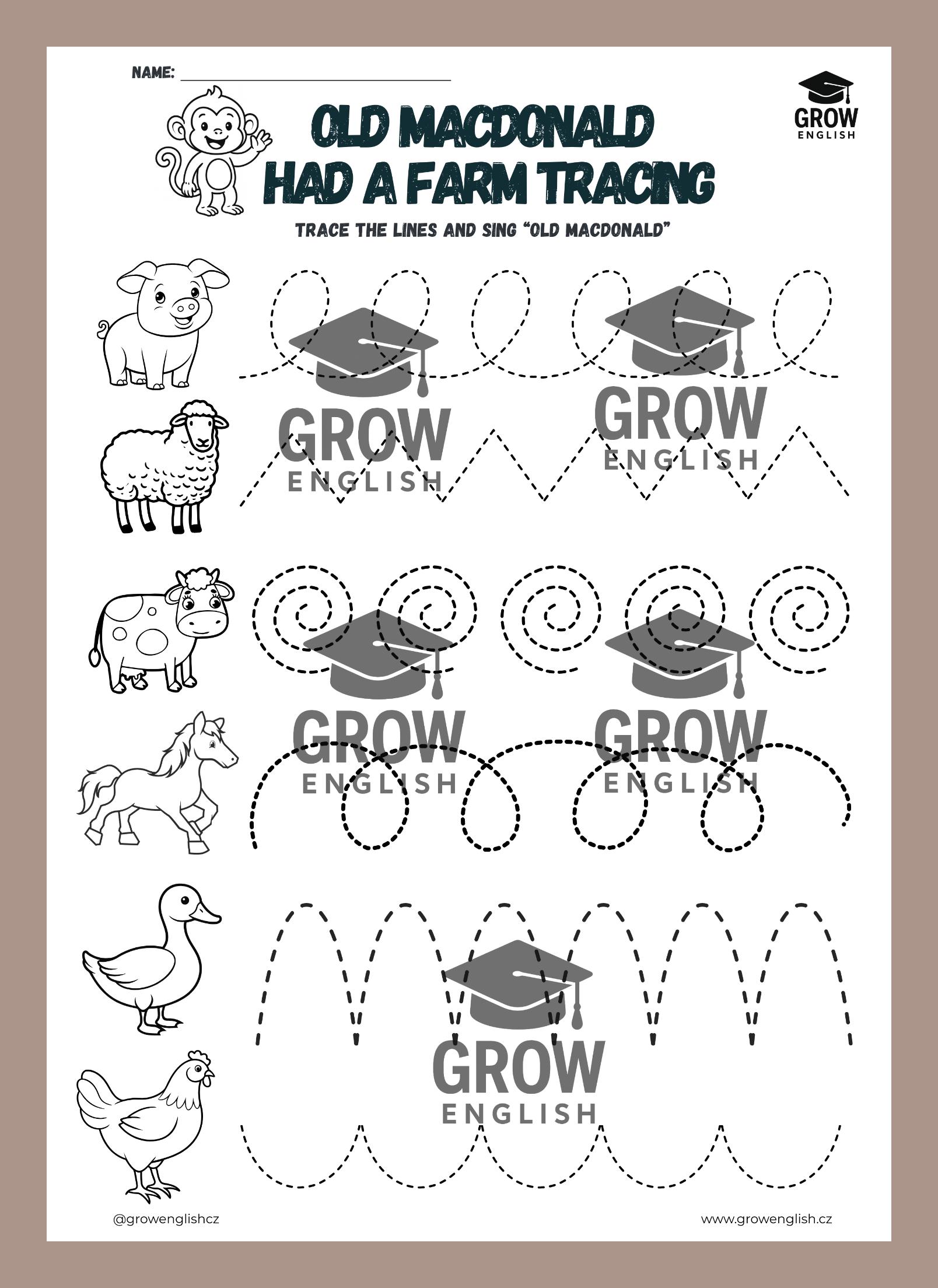 Old Macdonald Tracing Worksheet | Printable Preschool Fine Motor Skills ...
