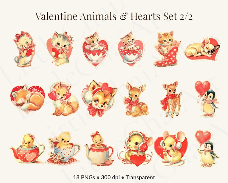 Valentine Animals Clipart, Retro Cute Animal PNG, Vintage Hearts for ...
