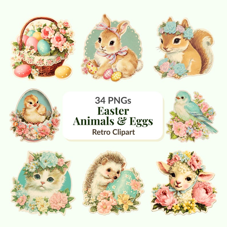 Easter Animals Clipart – Retro Cute Bunny, Dog & Hedgehog PNG, Vintage ...