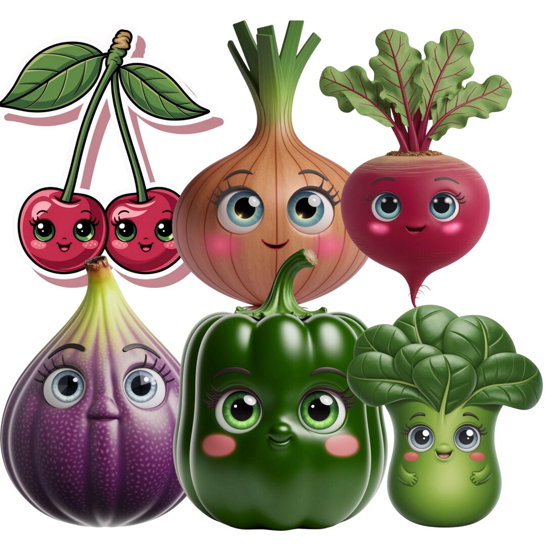 Cute Kawaii Fruit & Vegetable Clipart Bundle | Cherry, Onion, Beetroot ...