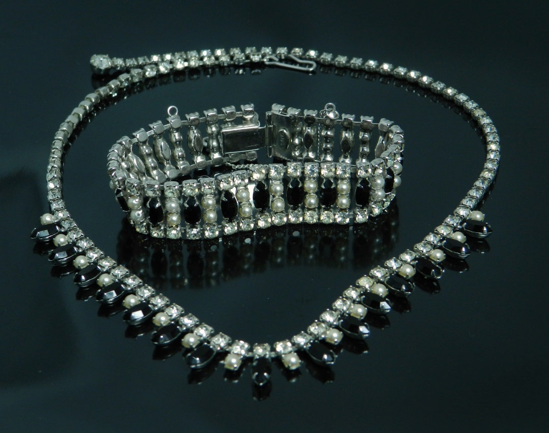 Vintage B David Demi Set of Necklace and Bracelet in Black and Crystal ...
