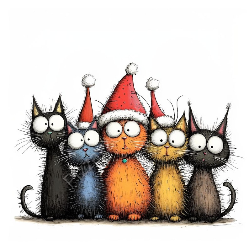 16 Quirky Christmas Cat Gang Clipart, Whimsical Kitten, Whimsical ...