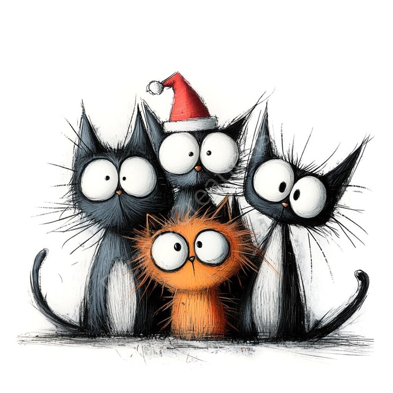 16 Quirky Christmas Cat Gang Clipart, Whimsical Kitten, Whimsical ...