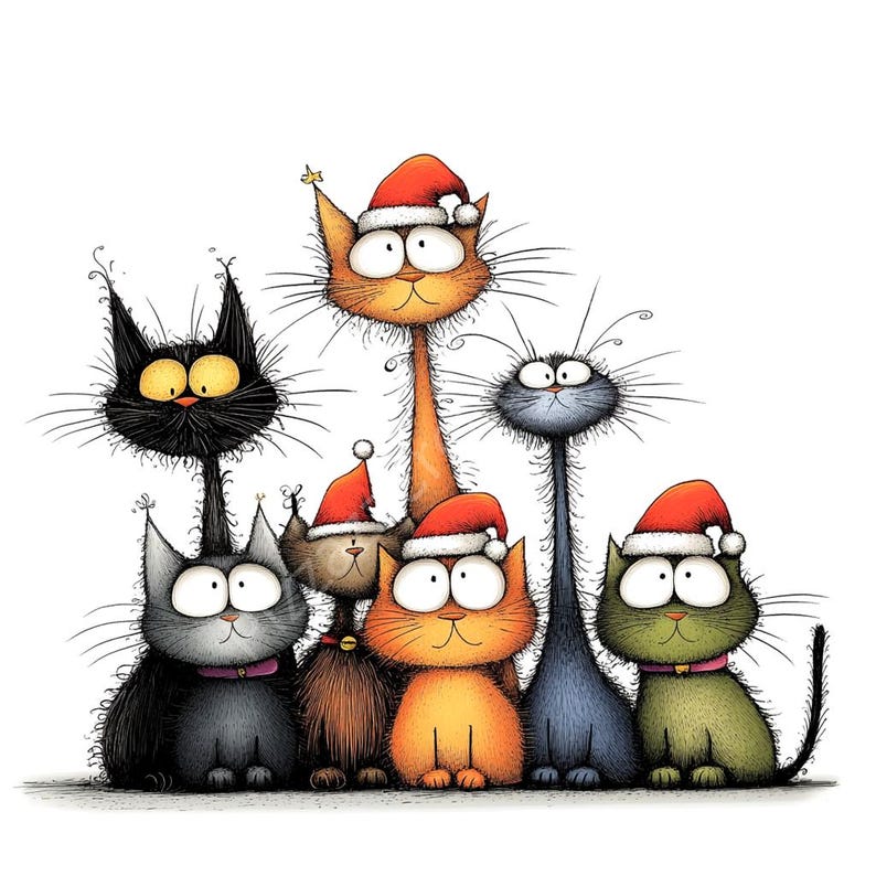 16 Quirky Christmas Cat Gang Clipart, Whimsical Kitten, Whimsical ...