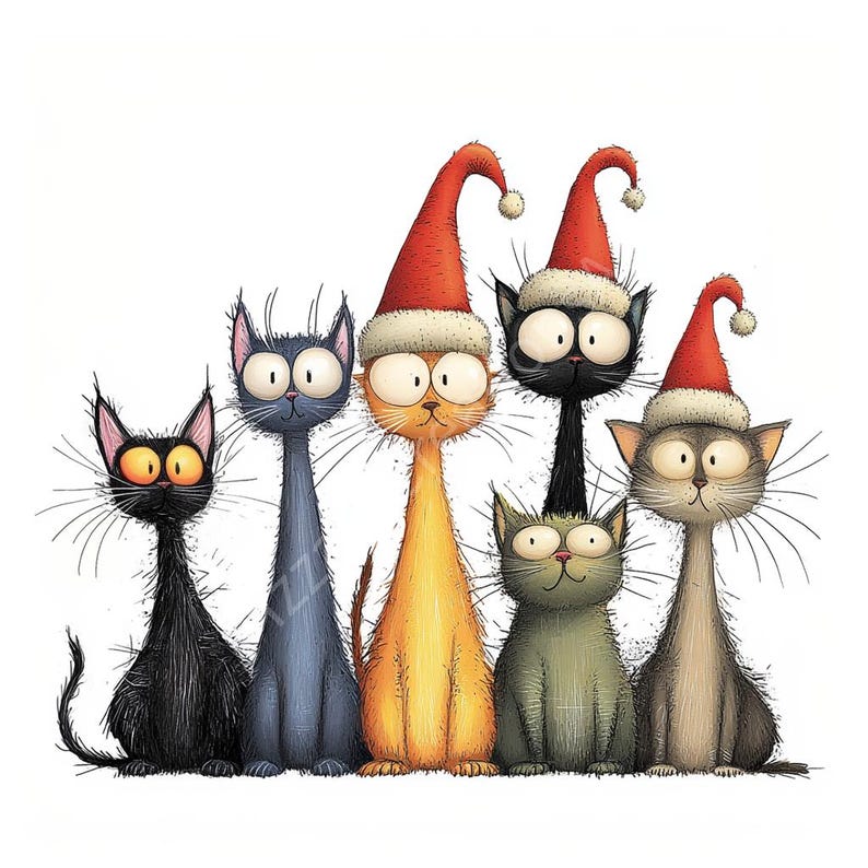 16 Quirky Christmas Cat Gang Clipart, Whimsical Kitten, Whimsical ...