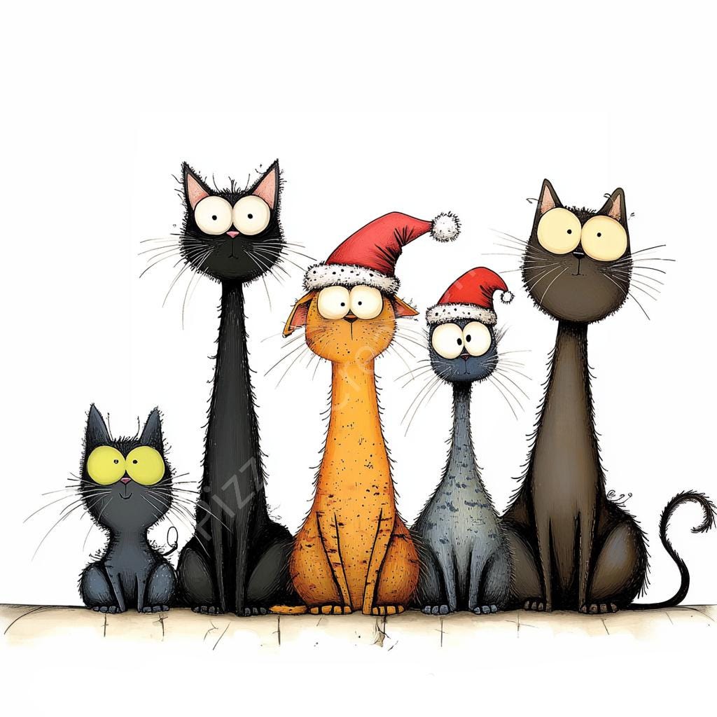 16 Quirky Christmas Cat Gang Clipart, Whimsical Kitten, Whimsical ...