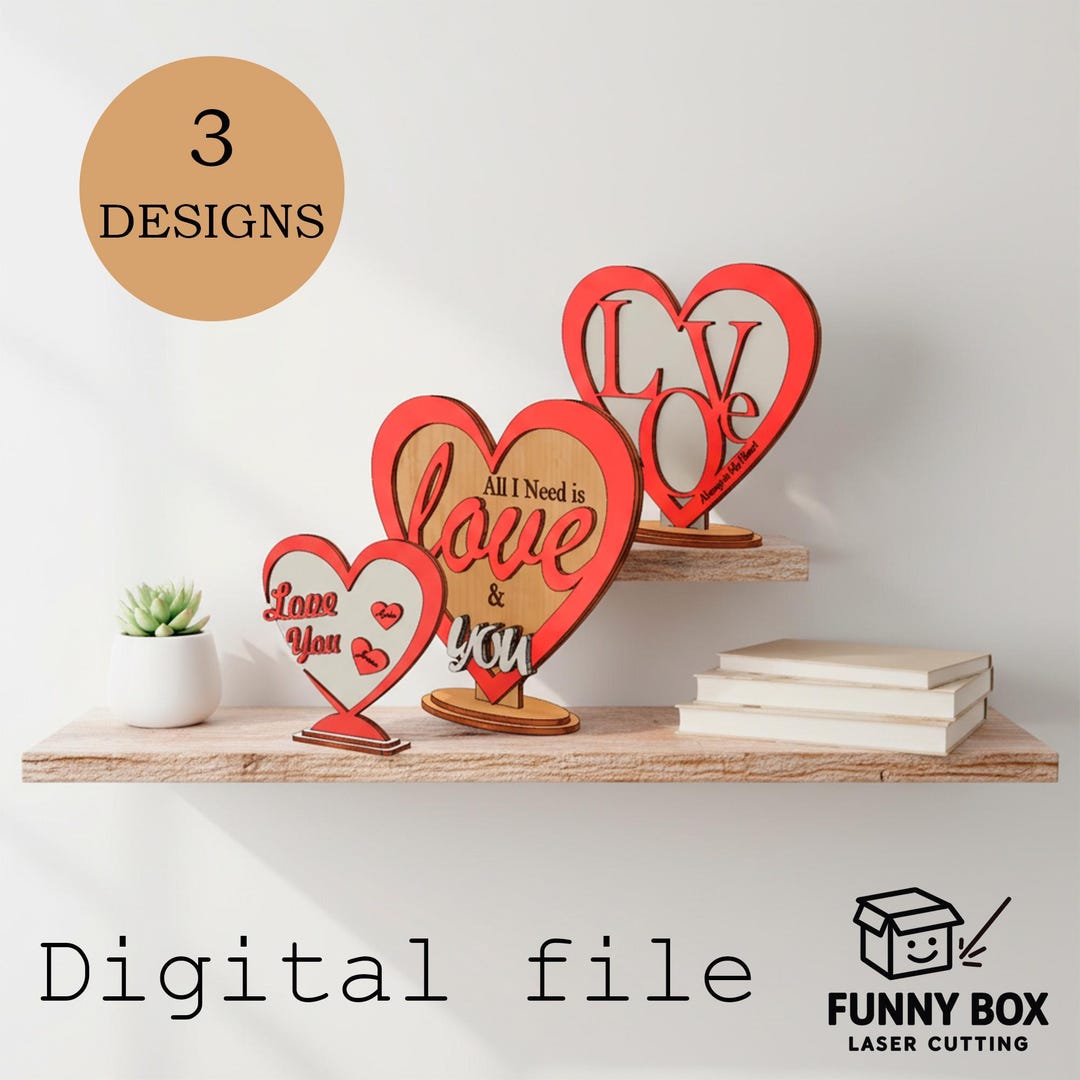 Set of 3 Heart Stands Laser Cut Files | Valentine Decor SVG | Heart ...