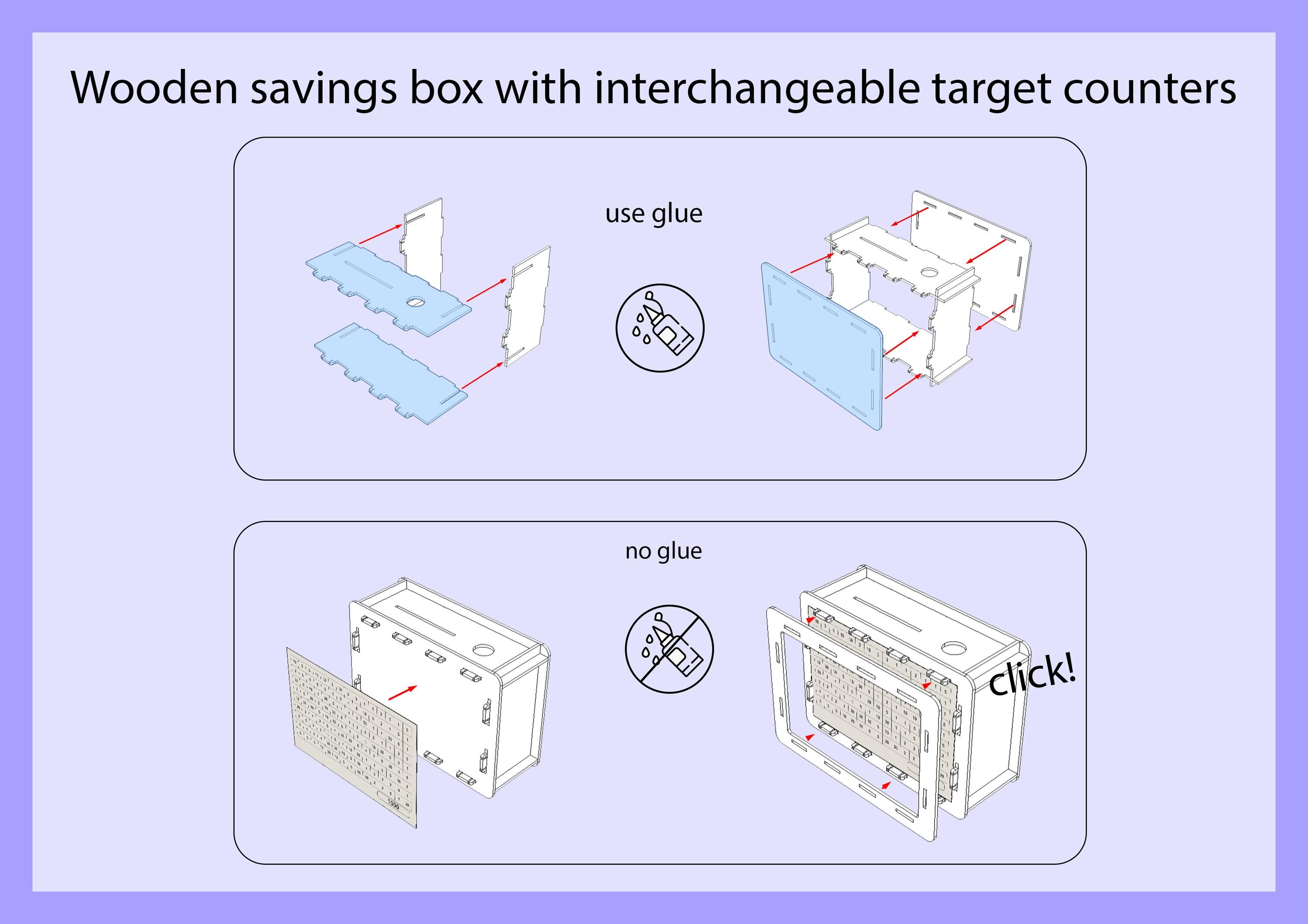 Savings Box With 5 Interchangeable Target Counters Laser Cut File, Coin ...