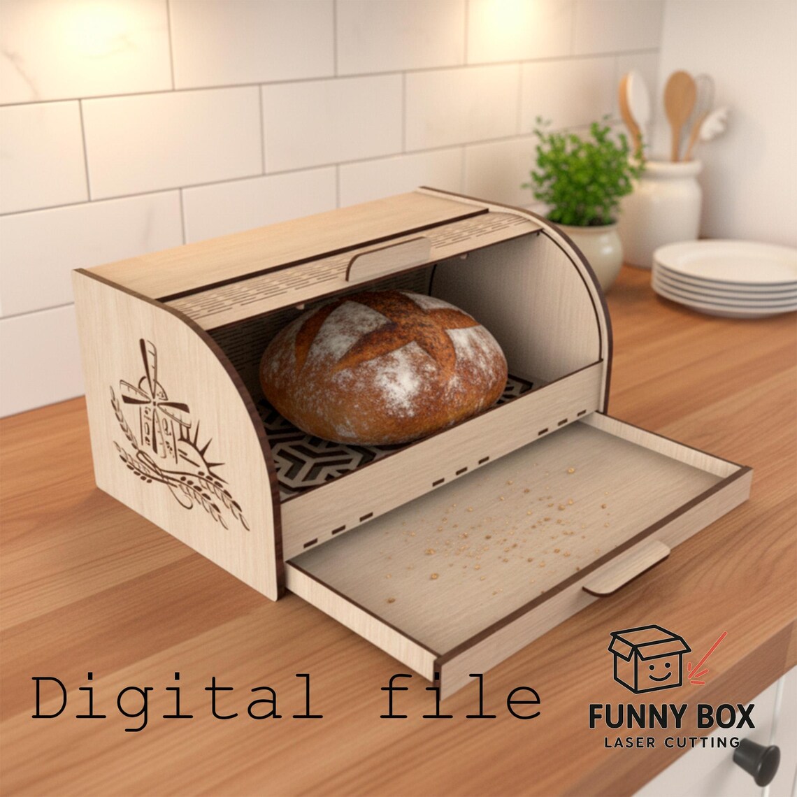 Bread Box Laser Cut File | Bread Box With Sliding Lid & Crumb Tray ...
