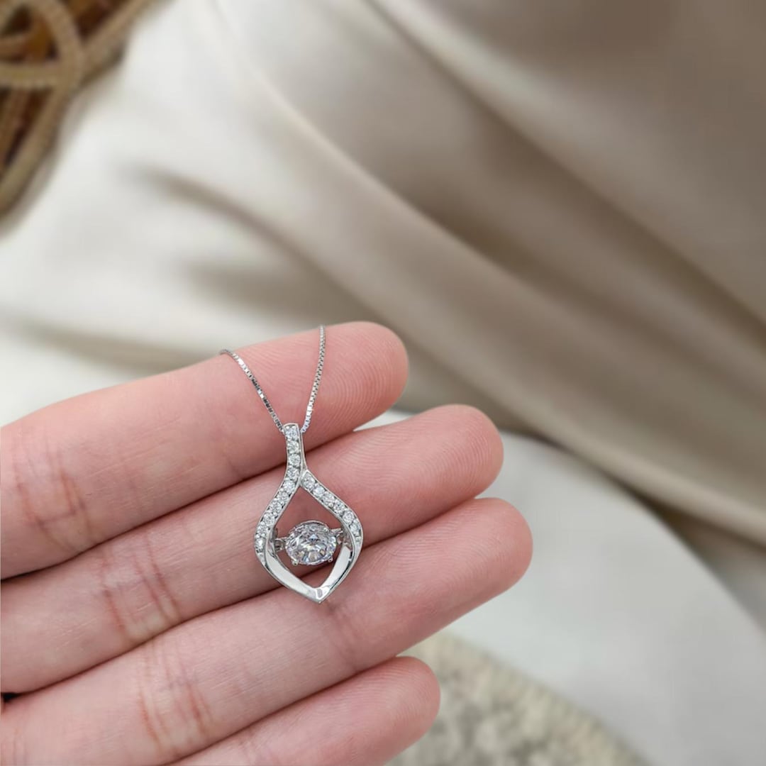 14k Solid Gold Dancing Diamond Necklace, Lab Grown Moving Diamond ...