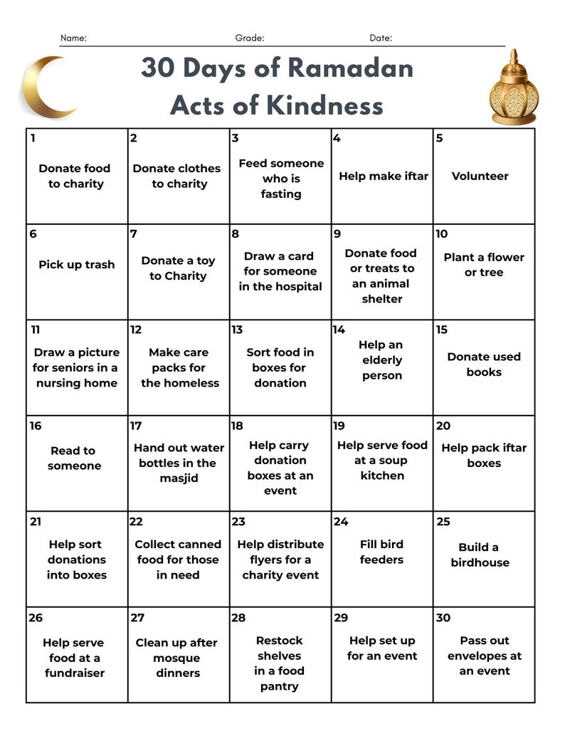 Ramadan 30 Days of Kindness Activity Sheet - Etsy