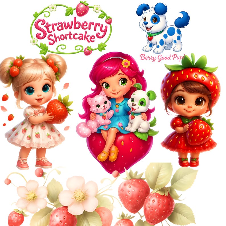 Retro Strawberry Cartoon PNG Bundle: 80s Kawaii Clipart (digital ...