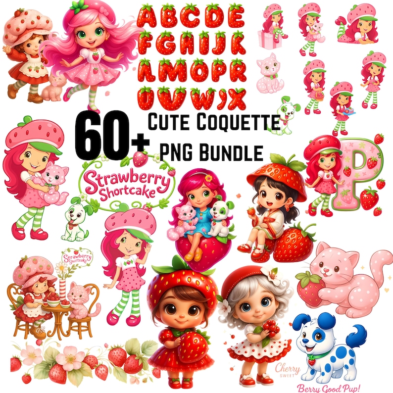 Retro Strawberry Cartoon PNG Bundle: 80s Kawaii Clipart (digital ...