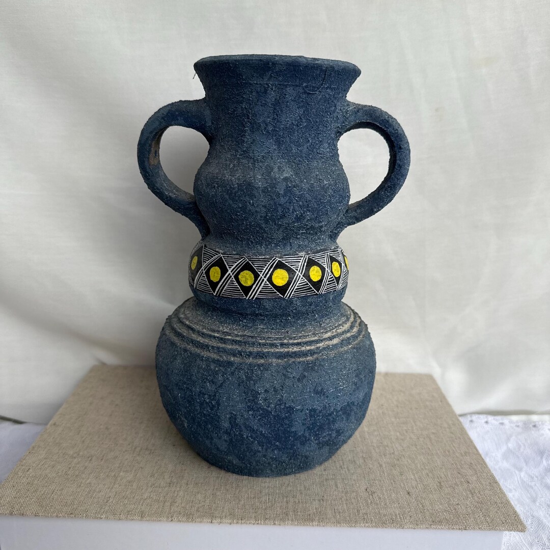 Mid Century Tribal Geometric Pattern Ceramic Jug, Textured Boho Home ...