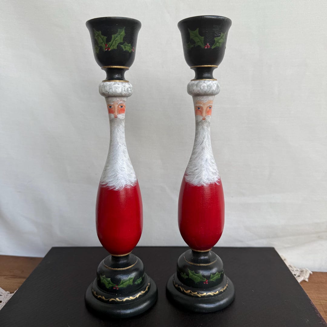 Vintage Hand Painted Santa Candlestick Holders, Christmas Folk Art ...