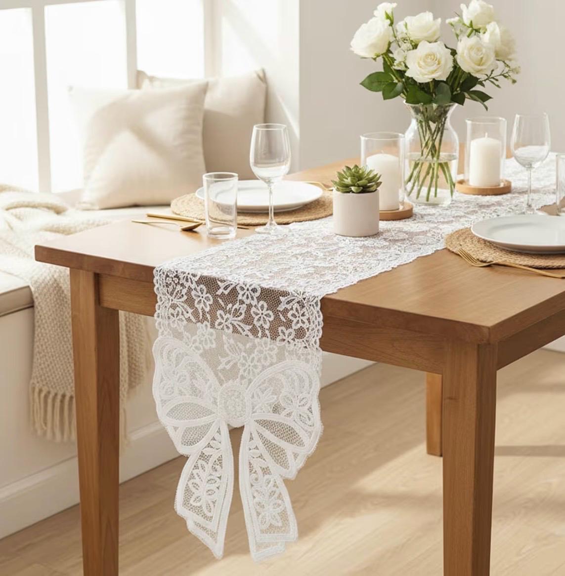White Lace Table Runner With Big Bow Ends 12 X 71 Inch Vintage ...