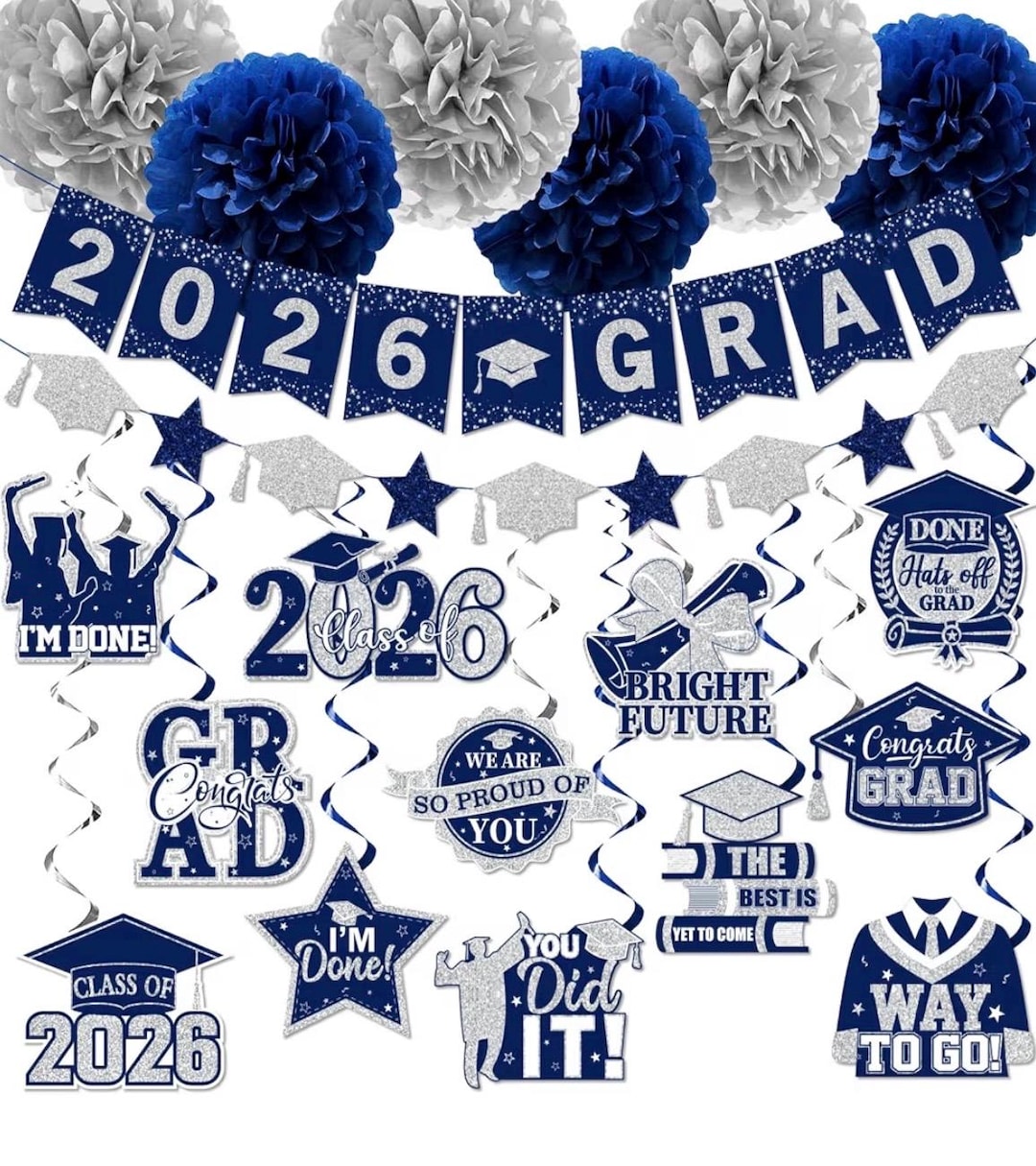 Navy Blue Graduation Decorations,2026 Grad Banner and Congrats Grad ...