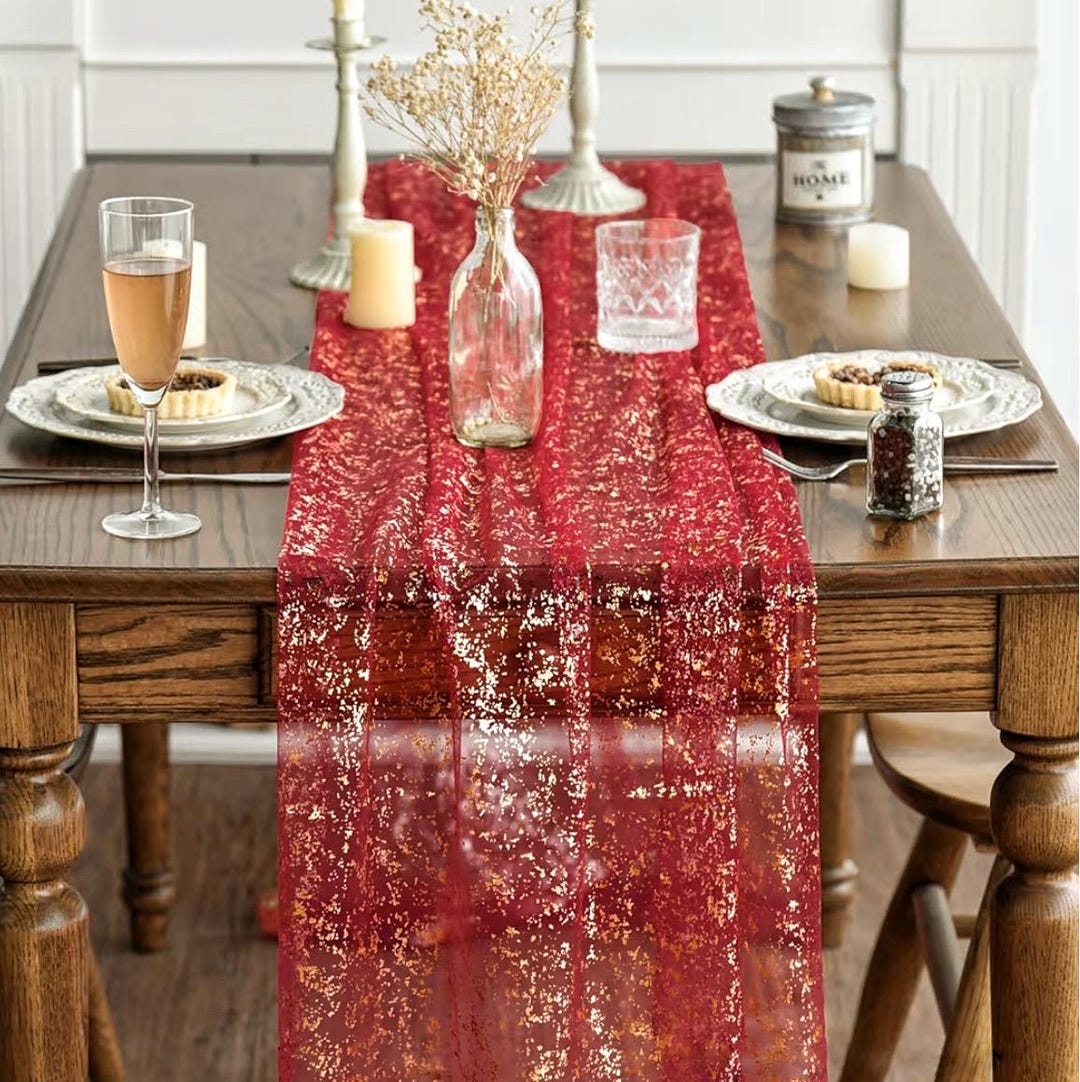 Red Gold Gauze Table Runner 120 Inch 10FT, Glitter Metallic Foil Sheer ...