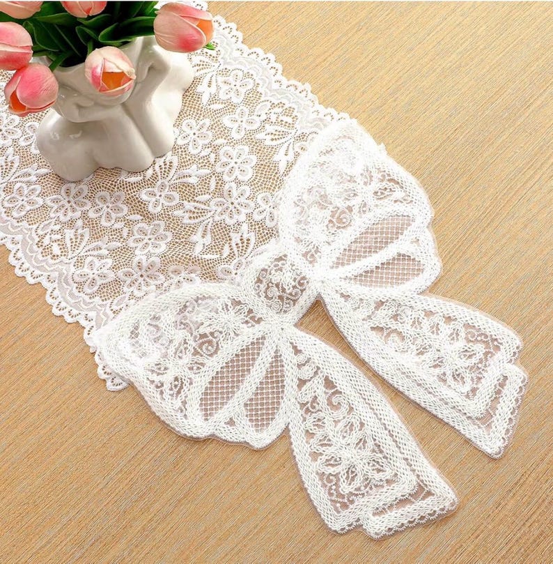 White Lace Table Runner With Big Bow Ends 12 X 71 Inch Vintage ...