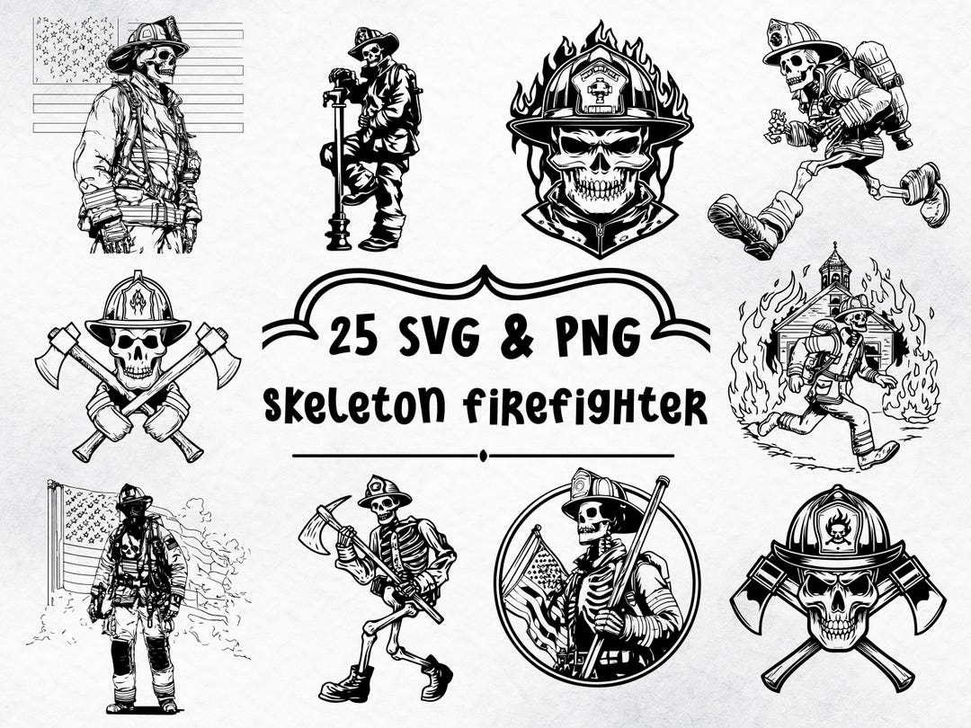 Skeleton Firefighter Silhouette SVG Bundle | Fire Rescue Skull SVG PNG ...