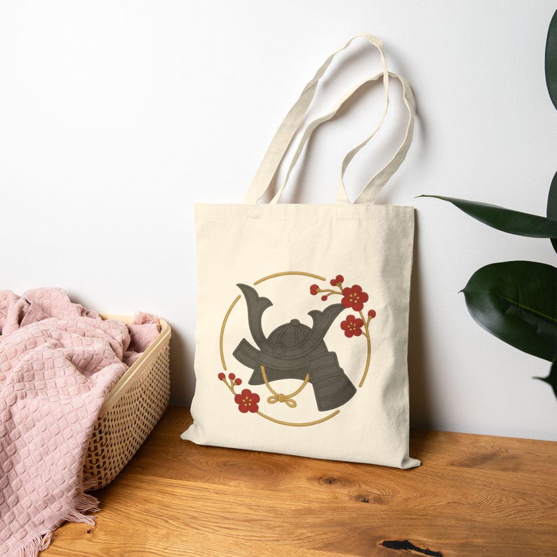 Japanese Kabuto Tote Bag, Samurai Helmet Illustration, Embroidery Style ...