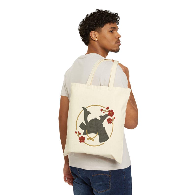 Japanese Kabuto Tote Bag, Samurai Helmet Illustration, Embroidery Style ...