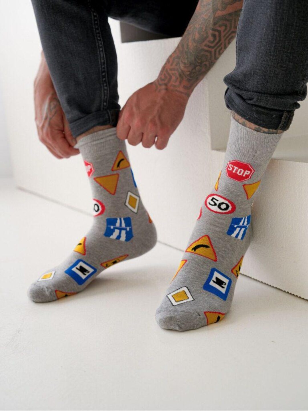 Road Signs Driver Men Socks, Socks, Funny Socks, Crazy Socks, Colorful ...