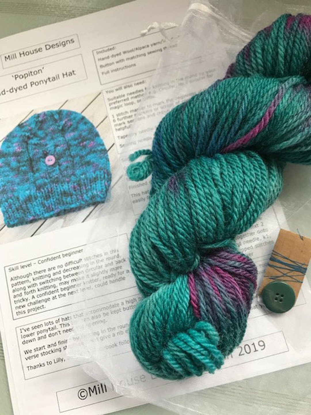 Hand-dyed Knitting Kit, Hat Knitting Kit, Handdyed Yarn , Ponytail Hat ...