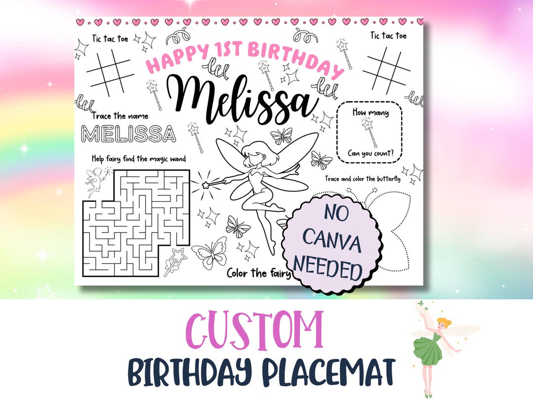 Jogo americano para colorir personalizado com tema de fadas para ...