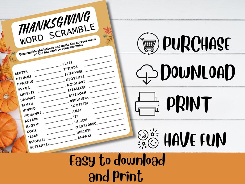 Thanksgiving Word Scramble Printable Game – 30 Word Puzzle With Answer ...