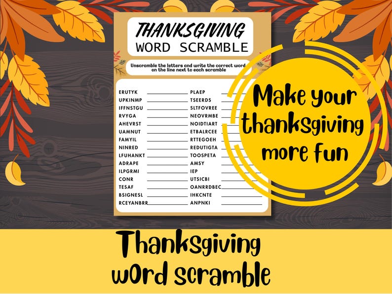 Thanksgiving Word Scramble Printable Game – 30 Word Puzzle With Answer ...