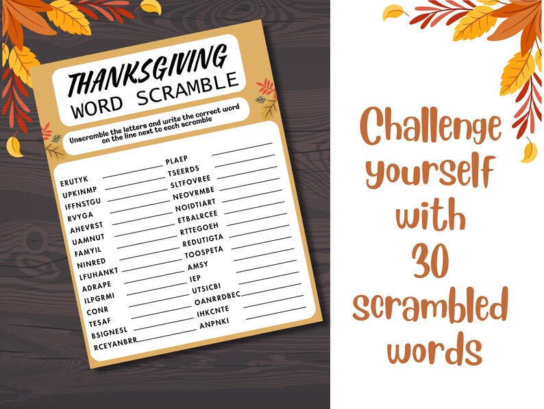 Thanksgiving Word Scramble Printable Game – 30 Word Puzzle With Answer ...