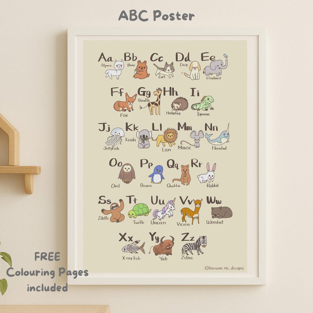 Animal ABC Poster, Hand Drawn Alphabet Wall Print, Kids Room Art ...