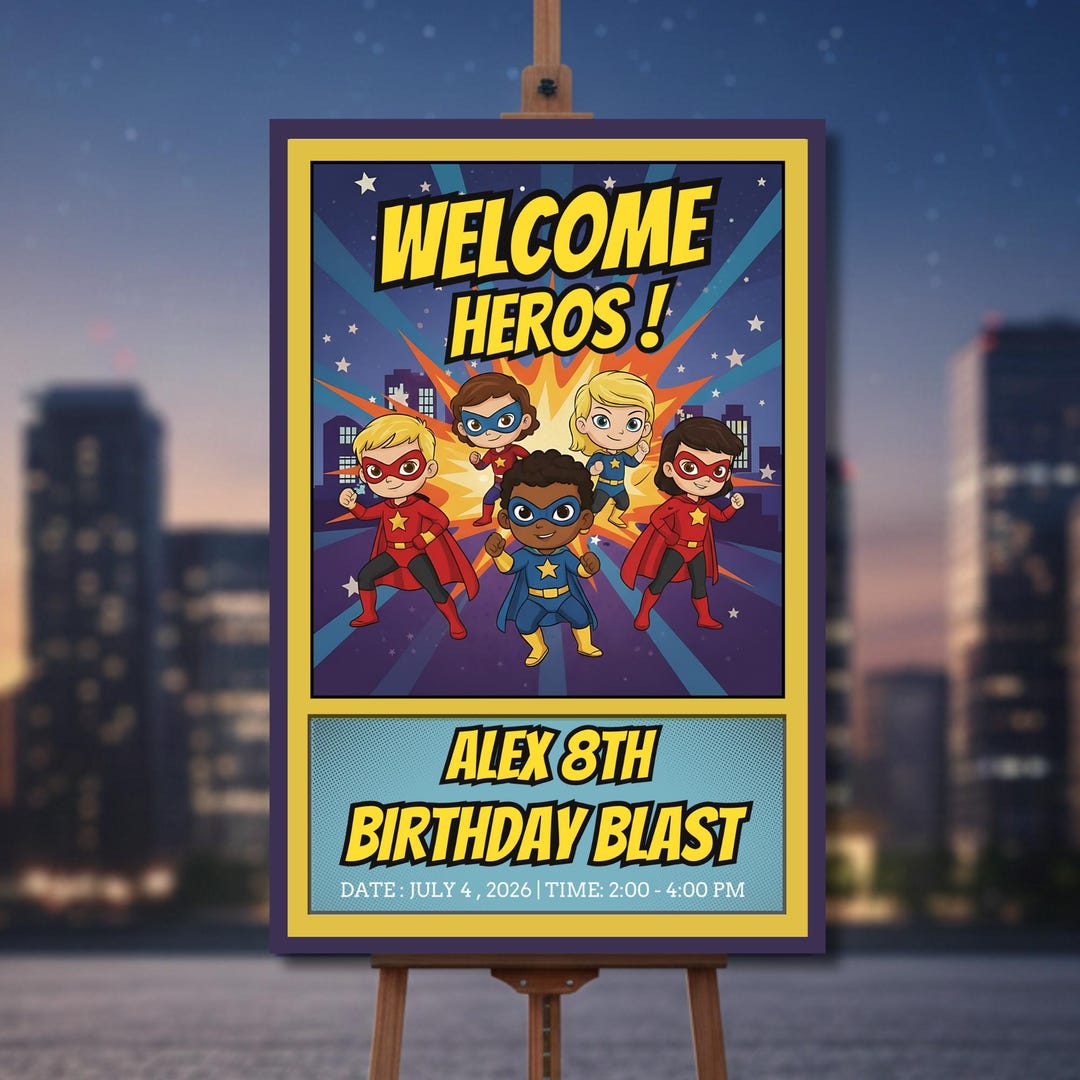 Superhero Welcome Sign, Kids Birthday Welcome Poster, Kids Party ...